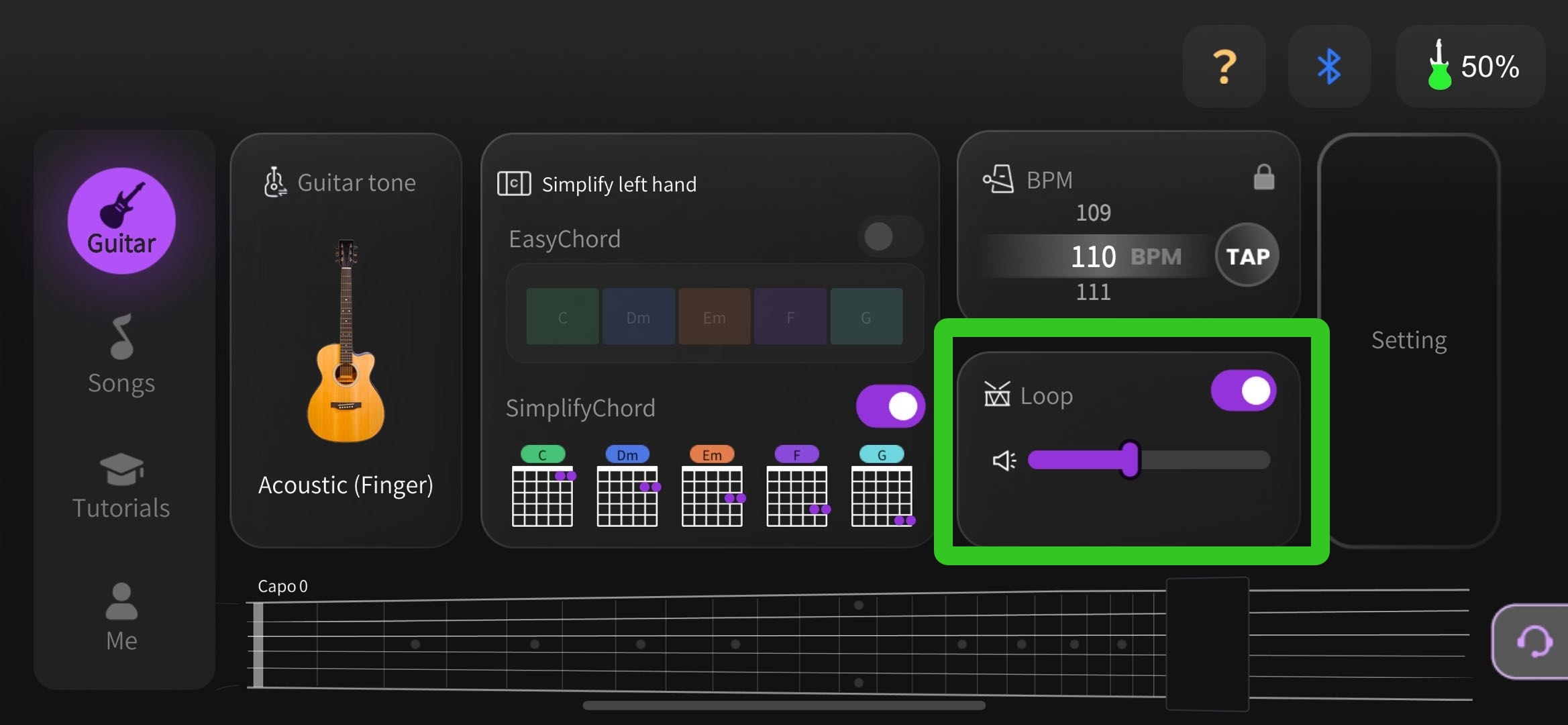 How do I adjust and set the drum loop on the AeroBand Guitar ...